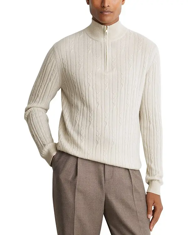 REISS Howard Cashmere Half Zip Cable Knit Sweater - Parchment Grey