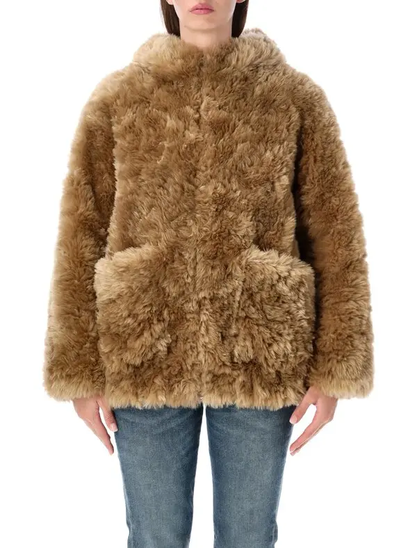 VEGANCODE Hooded Faux Fur Bomber Jacket With Convertible Hood - Beige