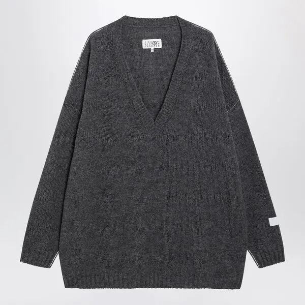 MAISON MARGIELA Oversized V-neck Heathered Knit Sweater - Grey