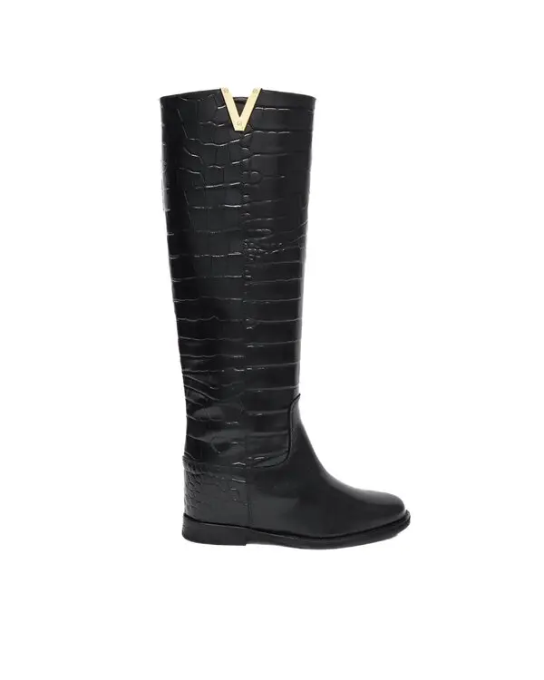 VIA ROMA 15 Croc-embossed Tall Boots With V Detail - Nero