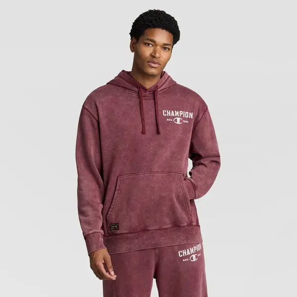 Champion Mineral Wash Pullover Hoodie, C Patch Logo - Cabernet