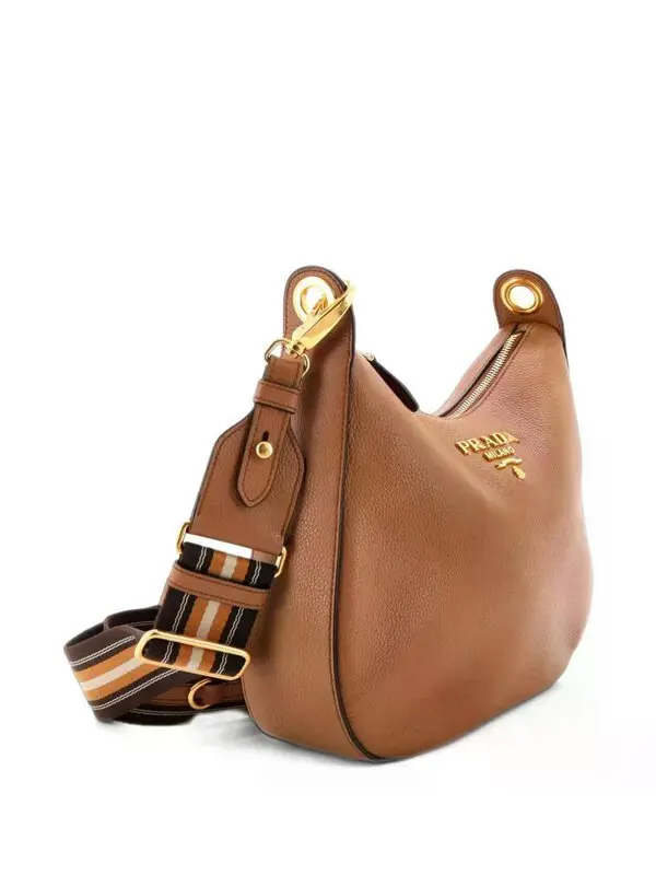 Prada Striped Strap Zip Hobo Vitello Daino Medium Crossbody Bag