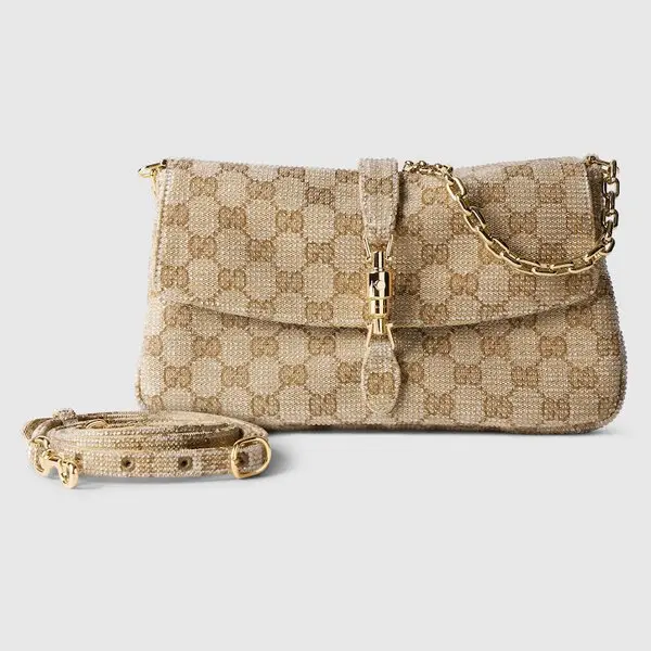 Gucci Aperitivo Crystal Medium Shoulder Bag Gg Canvas - Beige