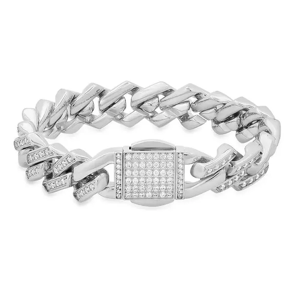 STEELTIME Stainless Steel 14mm Miami Cuban Link Cz Iced Out Bracelet With Monaco Clasp 8.75 Inch - Silver