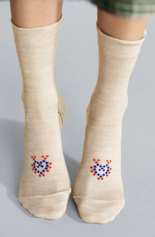 Hansel From Basel Heart Cross-stitch Wool Blend Crew Socks - Ecru