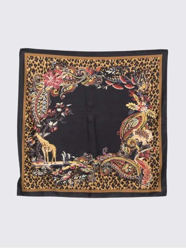 Etro Square Scarf In Pure Silk With Paisley And Animalier Print - Brown