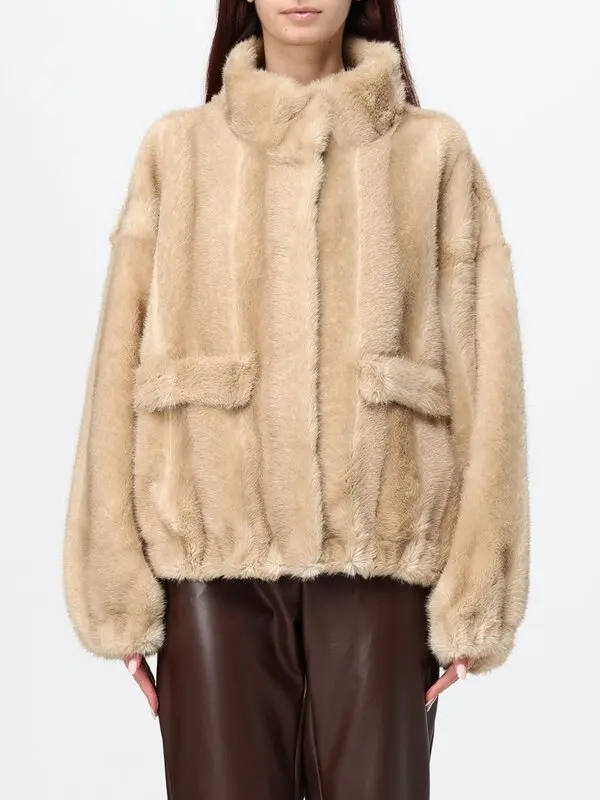 Apparis Iris High Neck Short Faux Fur Jacket - Beige