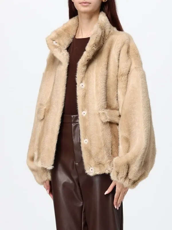 Apparis Iris High Neck Short Faux Fur Jacket - Beige