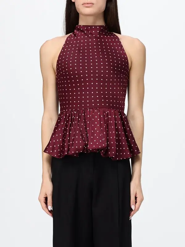 ROTATE BY BIRGER CHRISTENSEN Polka Dot Satin Sleeveless Top With High Neck And Cold Shoulder