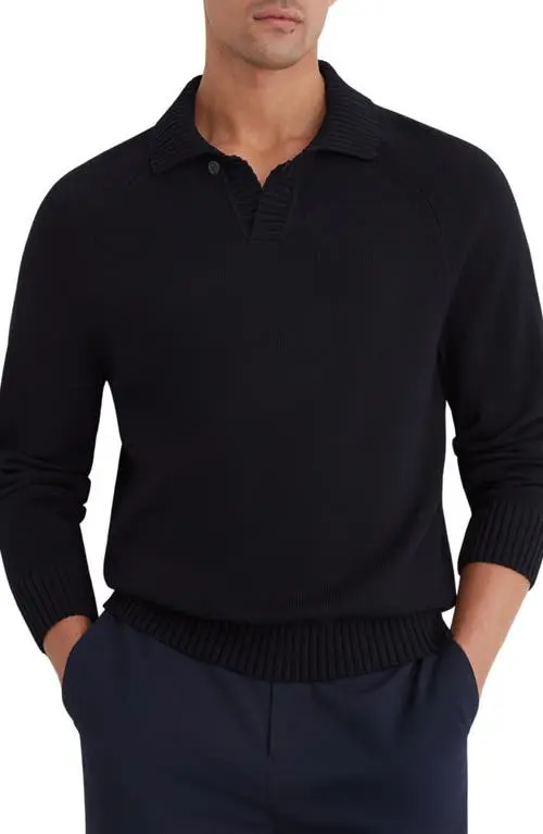 REISS Ashdown Long Sleeve Cotton Polo - Navy