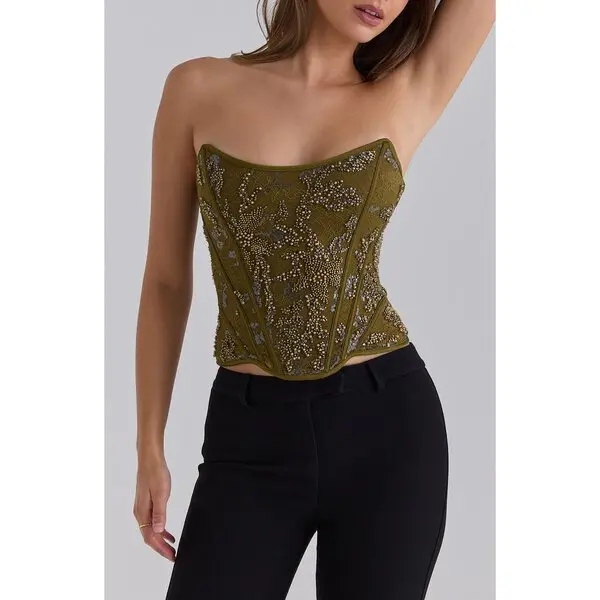 House Of Cb Calliope Embellished Lace Corset Top - Olive