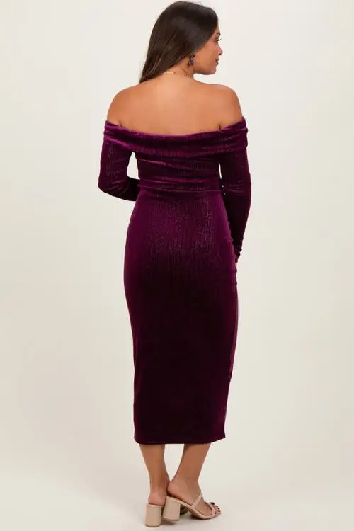 PINKBLUSH Shiny Velour Off Shoulder Midi Dress