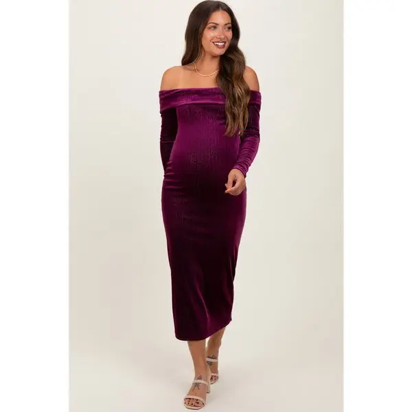 PINKBLUSH Shiny Velour Off Shoulder Midi Dress - Plum