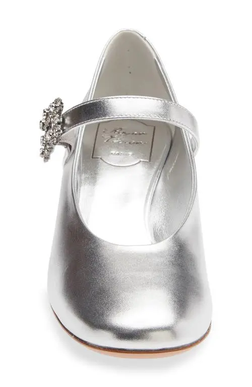 ROGER VIVIER Mini Flower Babies Leather Mary Jane Pump - Argento
