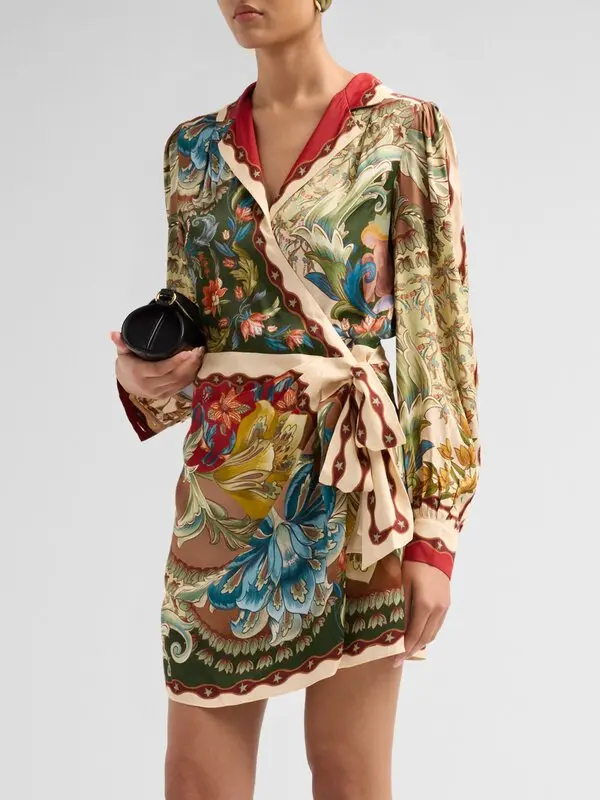 Farm Rio Lunar Boho Floral Satin Wrap Mini Dress