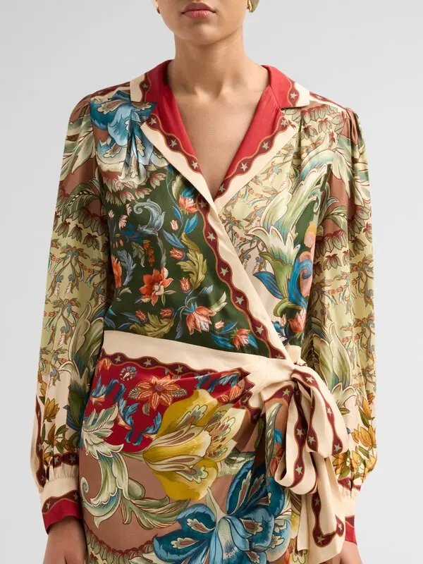 Farm Rio Lunar Boho Floral Satin Wrap Mini Dress