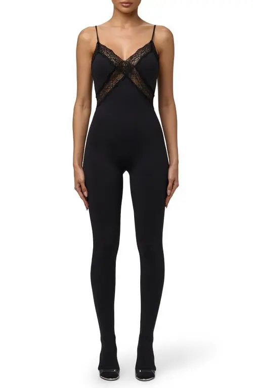 Naked Wardrobe Body Flex Lace Closed Toe Jumpsuit - Black