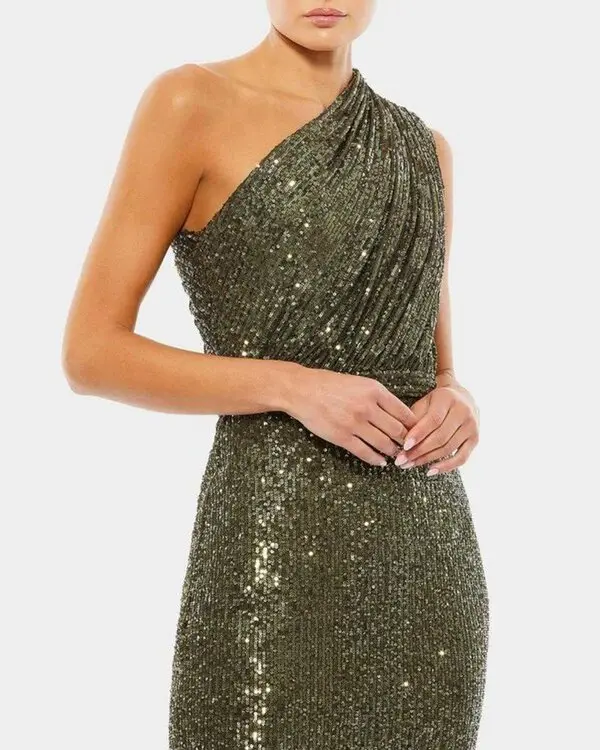 Mac Duggal Sequin One-shoulder Column Gown - Olive