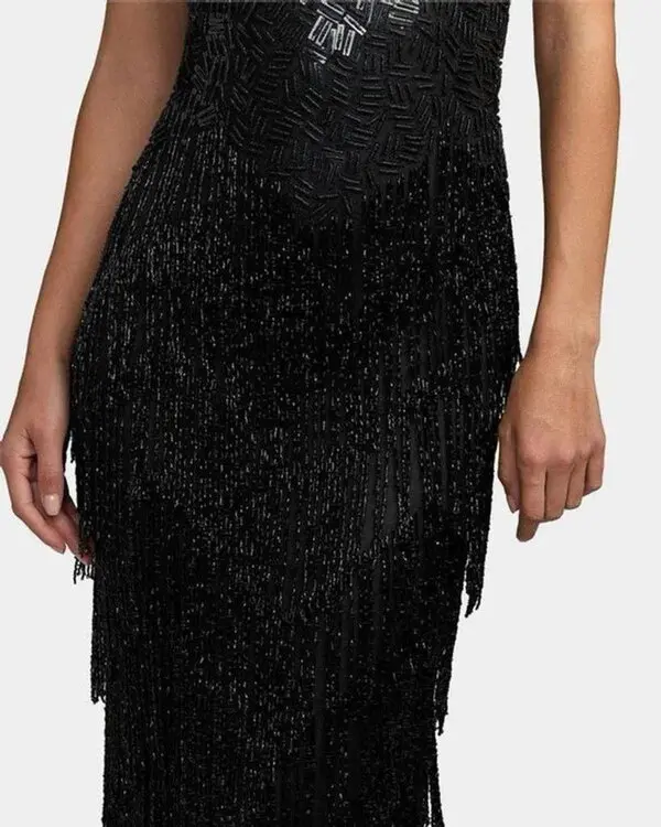 Mac Duggal Beaded Fringe Column Gown - Black