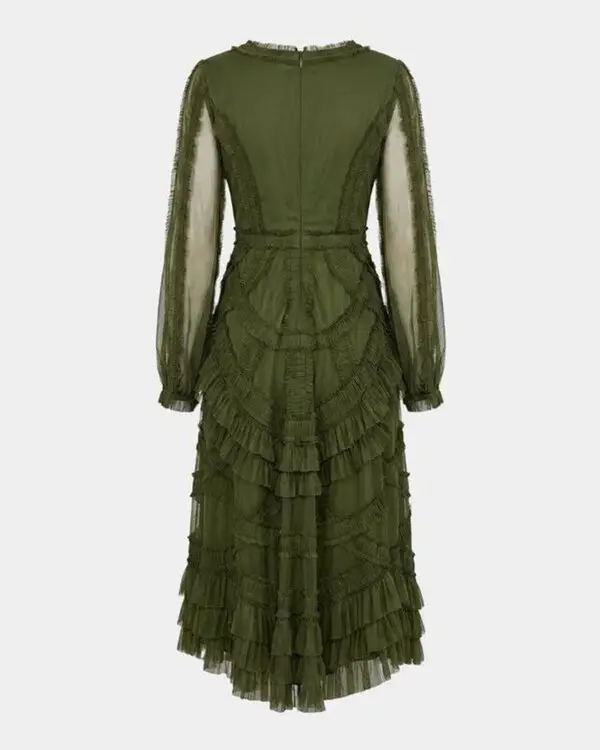 Mac Duggal Mesh Micro Ruffle Midi-dress - Olive