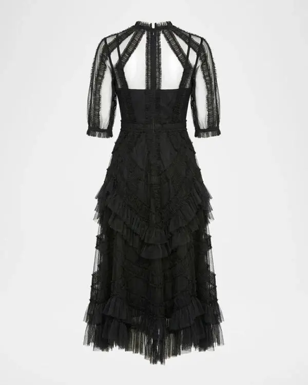 Mac Duggal High-neck Ruffled A-line Midi Dress - Black