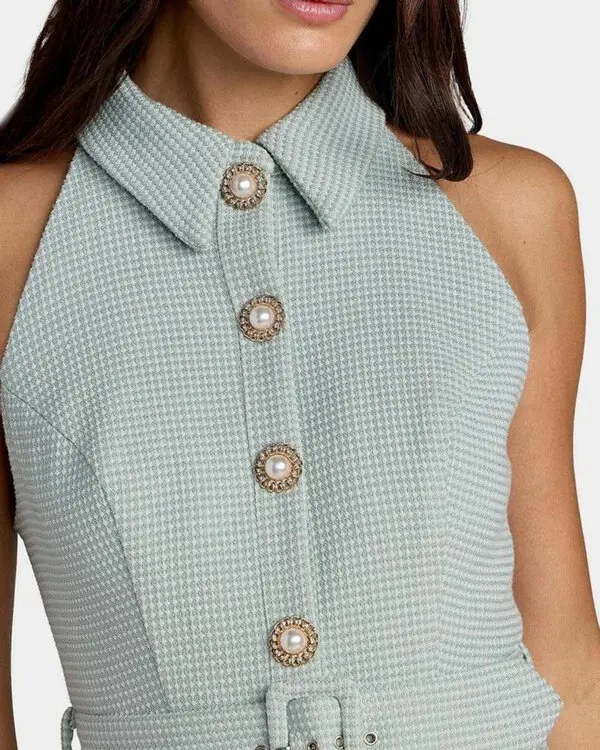 Mac Duggal Bouclé Pleated Button-front Minidress - Sage