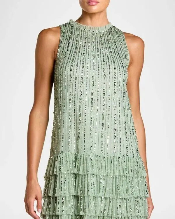 Mac Duggal Ruffle-trim Bead And Sequin Mini Shift Dress - Sage