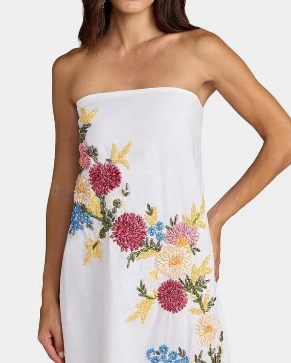 Mac Duggal Floral Embroidered Linen Strapless Trapeze Gown