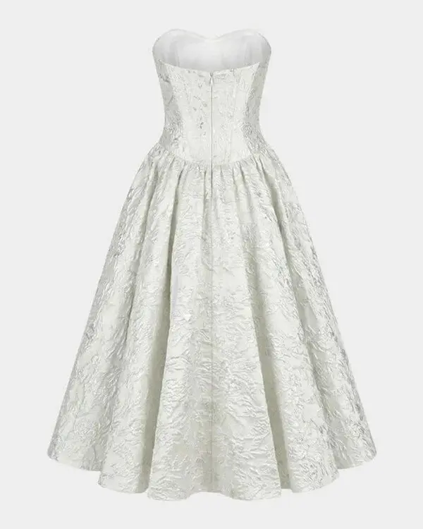 Mac Duggal Floral Brocade Strapless Midi Dress - Ivory