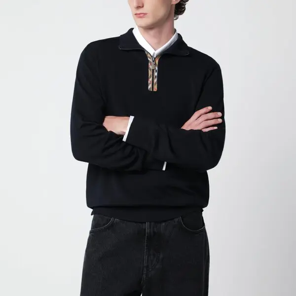 Burberry Navy Wool Sweater With Half Zip - Blue