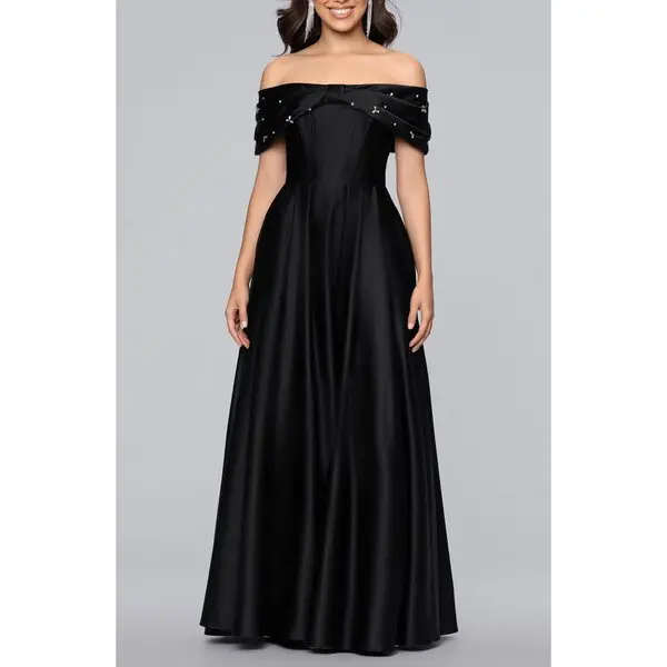 BLONDIE NITES Rhinestone Off The Shoulder Satin Ballgown