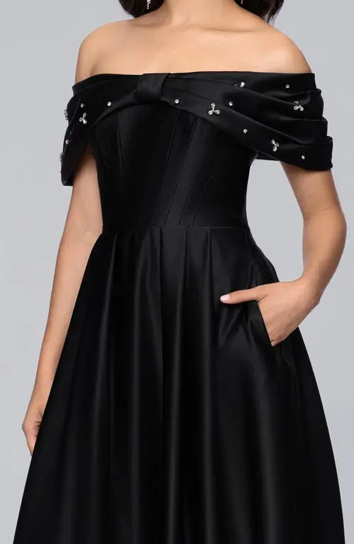 BLONDIE NITES Rhinestone Off The Shoulder Satin Ballgown