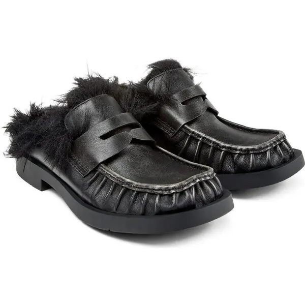 Camper Mil-1978 Leather Mule With Genuine Shearling Trim