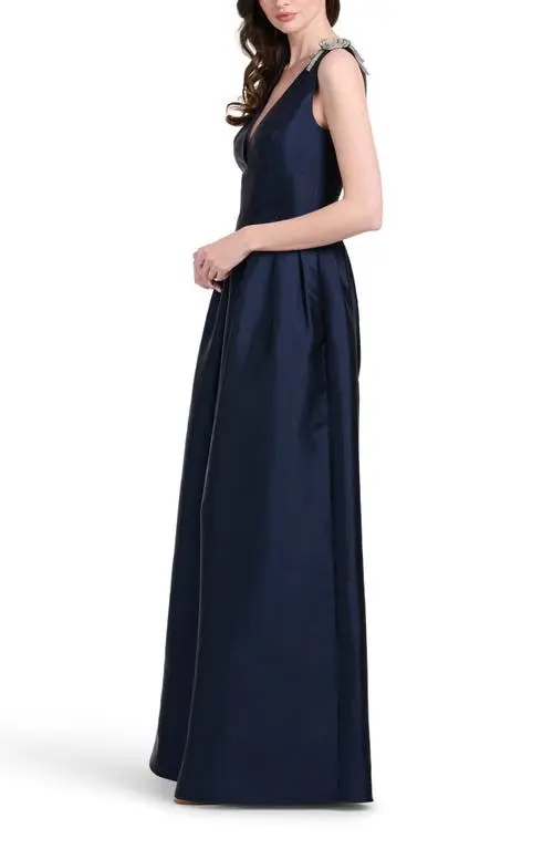 EMILY SHALANT Crystal Bow Detail Plunge Neck Faille Gown