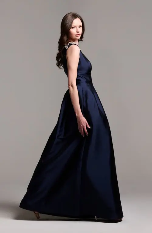 EMILY SHALANT Crystal Bow Detail Plunge Neck Faille Gown