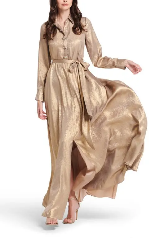 EMILY SHALANT Foil Long Sleeve Chiffon Gown