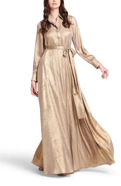 EMILY SHALANT Foil Long Sleeve Chiffon Gown