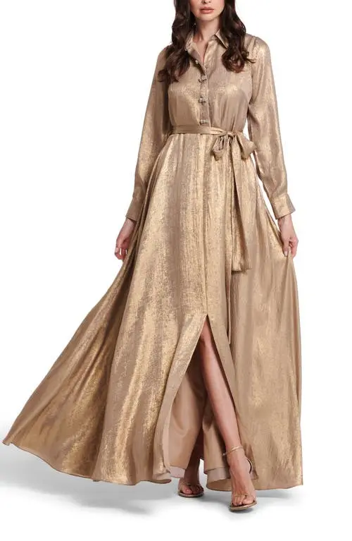 EMILY SHALANT Foil Long Sleeve Chiffon Gown
