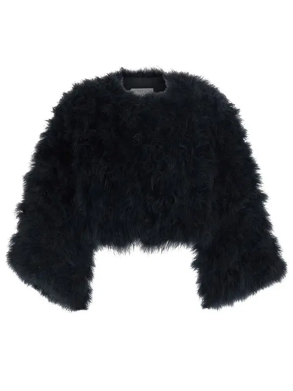 YVES SALOMON Cropped Jacket With Feathers - Black