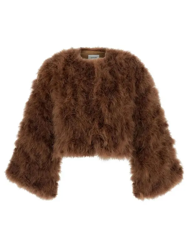 YVES SALOMON Cropped Jacket With Feathers - Brown