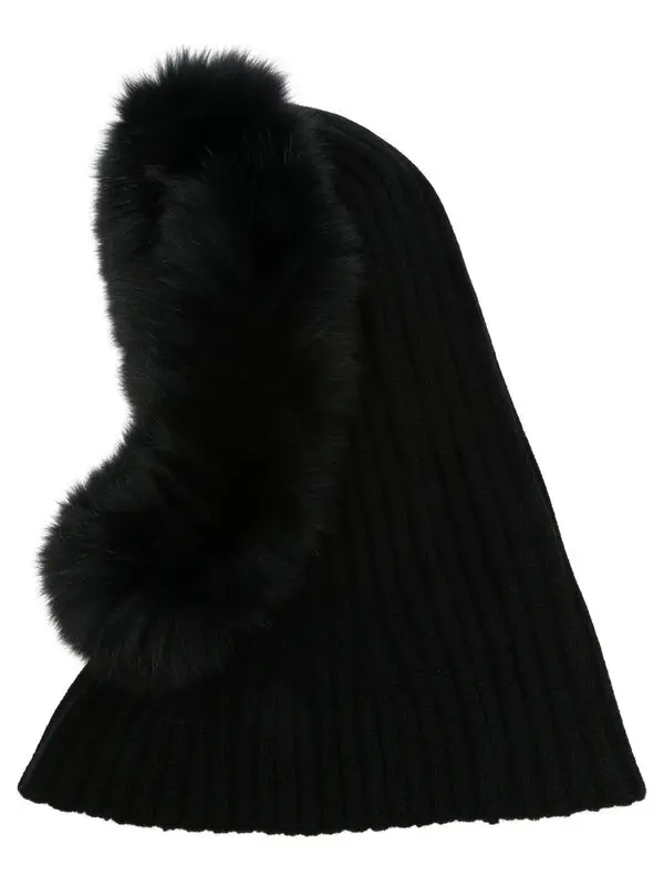 YVES SALOMON Ribbed Wool And Cashmere Balaclava With Fur Trim - Black