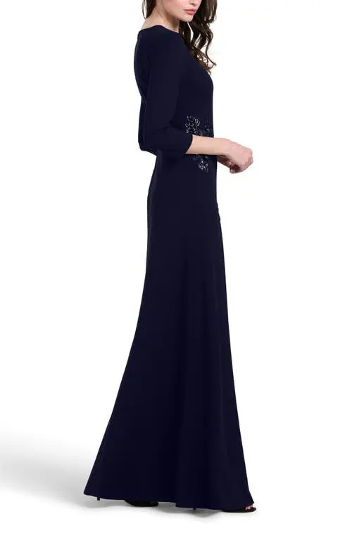 EMILY SHALANT Crystal Floral Detail Stretch Crepe Gown
