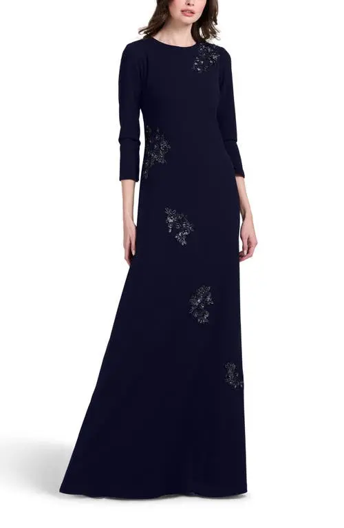 EMILY SHALANT Crystal Floral Detail Stretch Crepe Gown