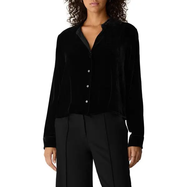 Eileen Fisher Mandarin Collar Velvet Button-up Shirt