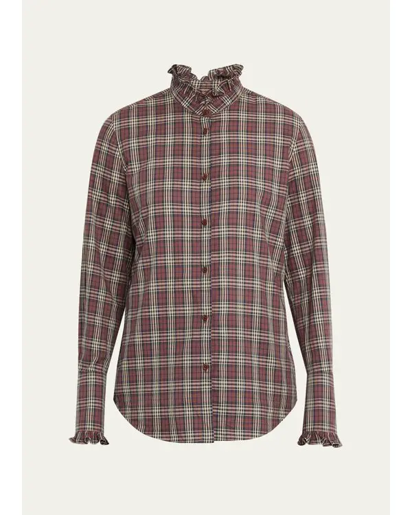 NILI LOTAN Elio Ruffle-trim Cotton Plaid Shirt - Rustic Check