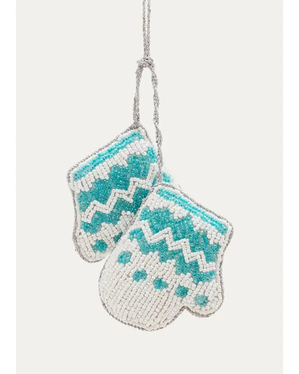 SUDHA PENNATHUR White/blue Beaded Double Mittens Christmas Ornat - Blue Multi