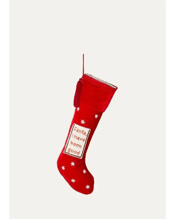 SUDHA PENNATHUR Santa I Have Been Good" Velvet Pocket Christmas Stocking - Red Multi