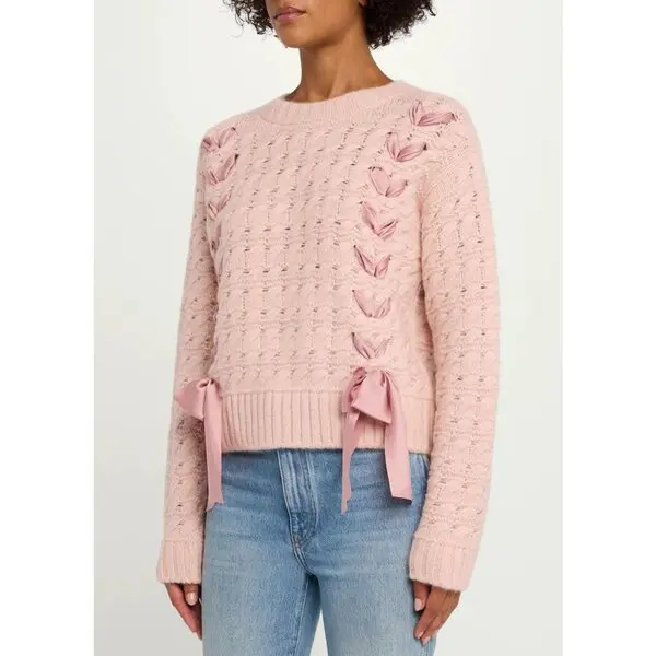 LoveShackFancy Quimby Ribbon Lace-up Pullover Sweater - Sanded Pet