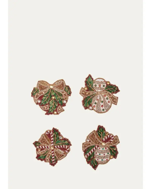 KIM SEYBERT Candy Cane Bow Beaded Coasters, Set Of 4 - Red Multi