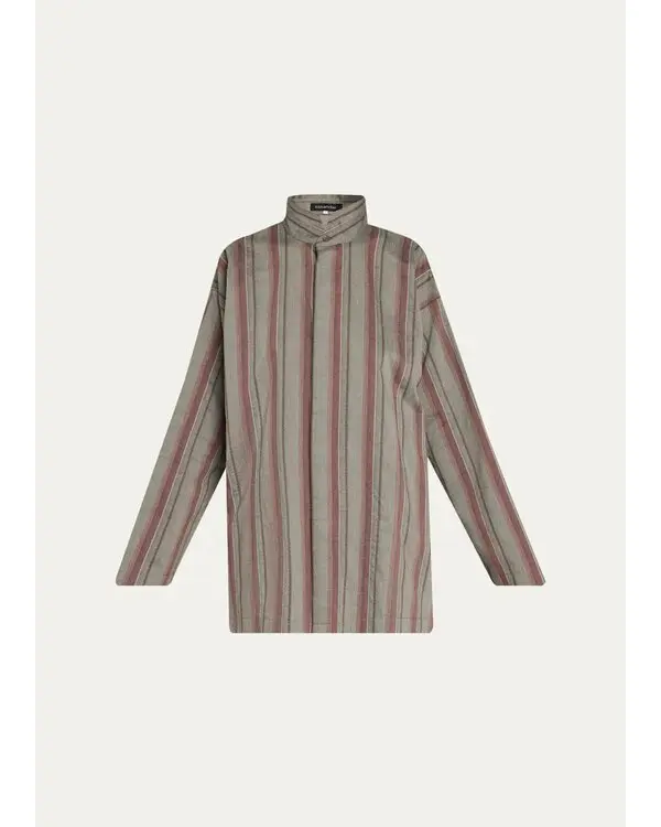 Eskandar Slim A-line Shirt With Double Stand Collar And Stepped Insert Long Length